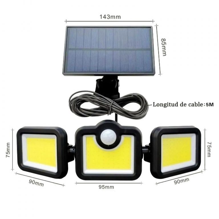 Foco Solar Triple con Sensor de Movimiento y Control Remoto COB – Luces ...